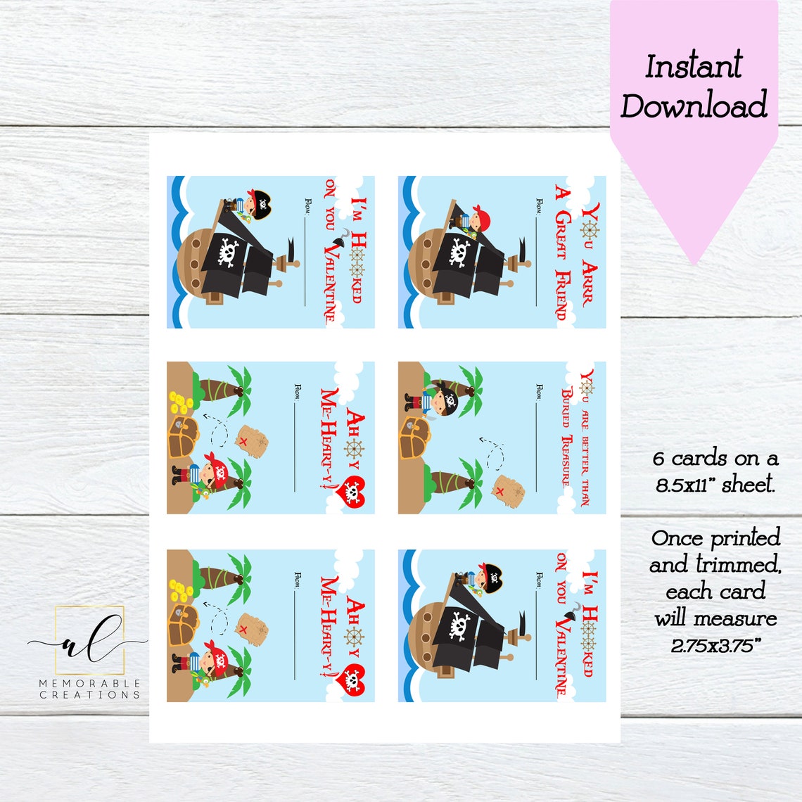 Pirate Valentine Cards Kids Valentine Cards Printable Pirate | Etsy