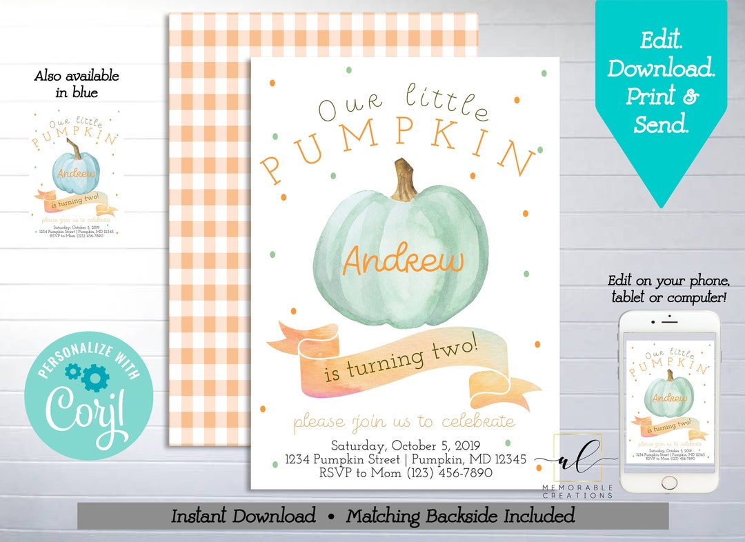 Pumpkin Birthday Printable Invitation, Edit Yourself Boy Pumpkin ...