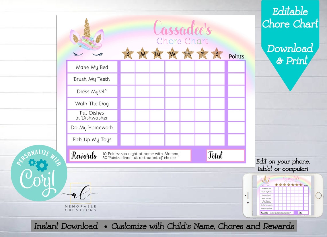 Editable Unicorn Chore Chart Edit Yourself Unicorn Reward - Etsy