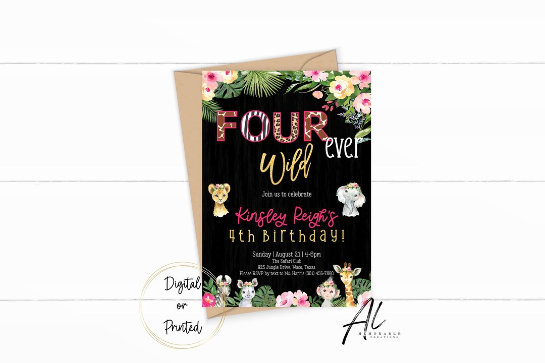 Fourever Wild Birthday Invitation, Girl 4th Birthday Invite, Pink ...