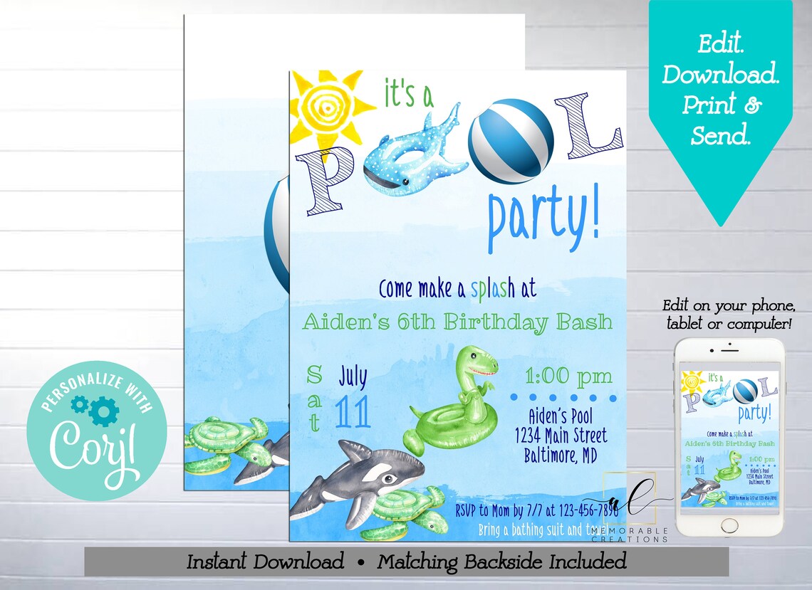 Boy Pool Party Birthday Printable Invitation Edit Yourself - Etsy