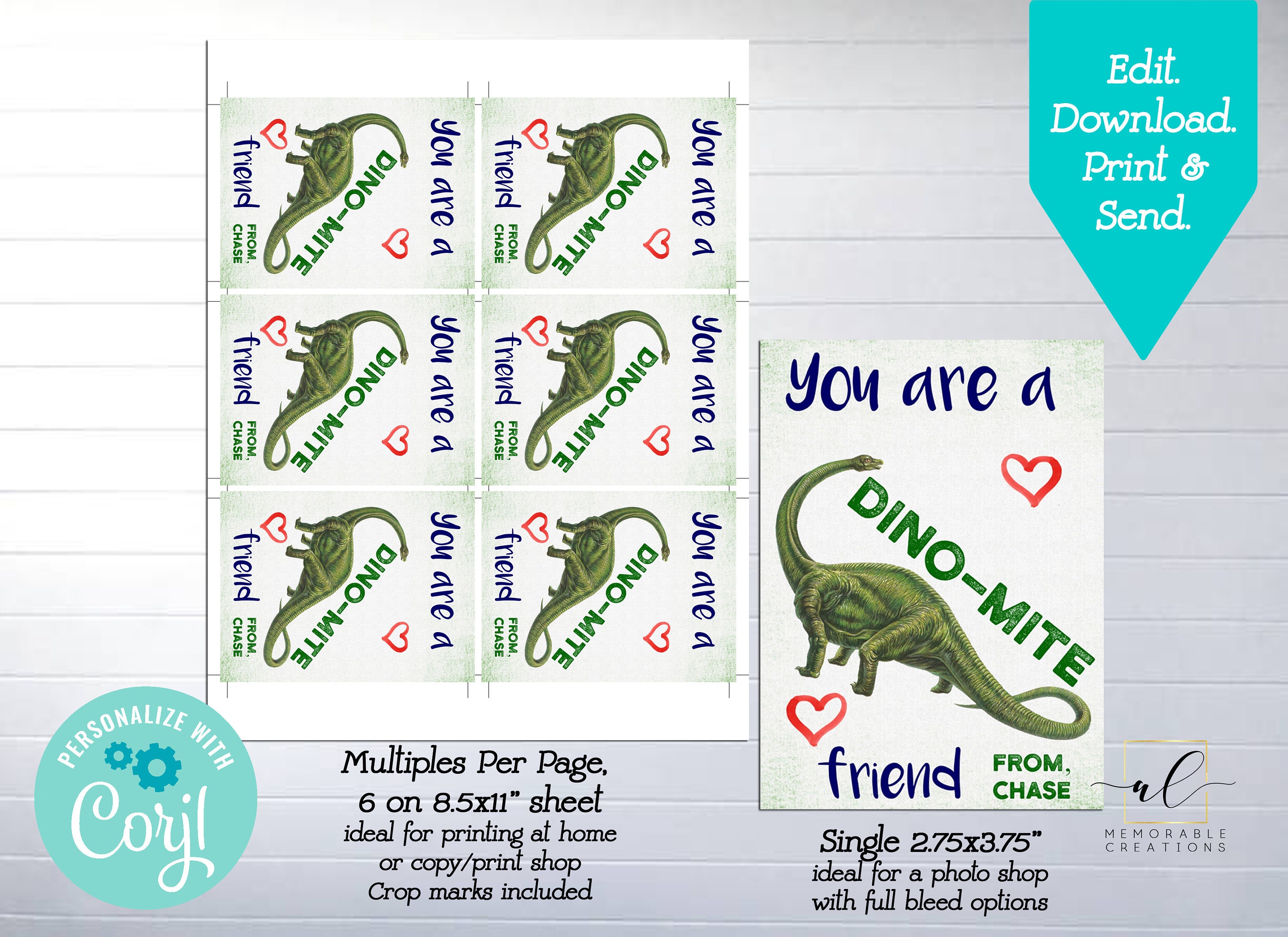 Dinosaur Valentine Printable Cards Editable Dinosaur - Etsy