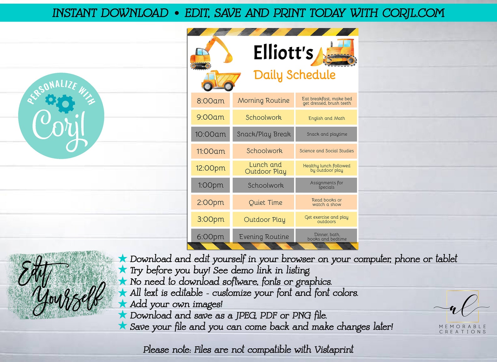 Editable Construction Daily Schedule Edit Yourself Bulldozer | Etsy