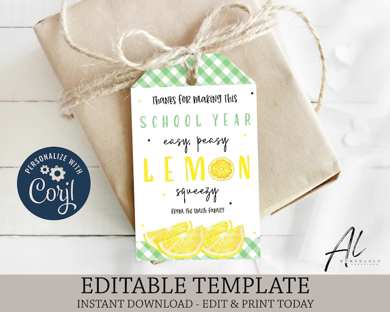 Lemon Teacher Appreciation Printable Gift Tag, Editable Lemon End of ...