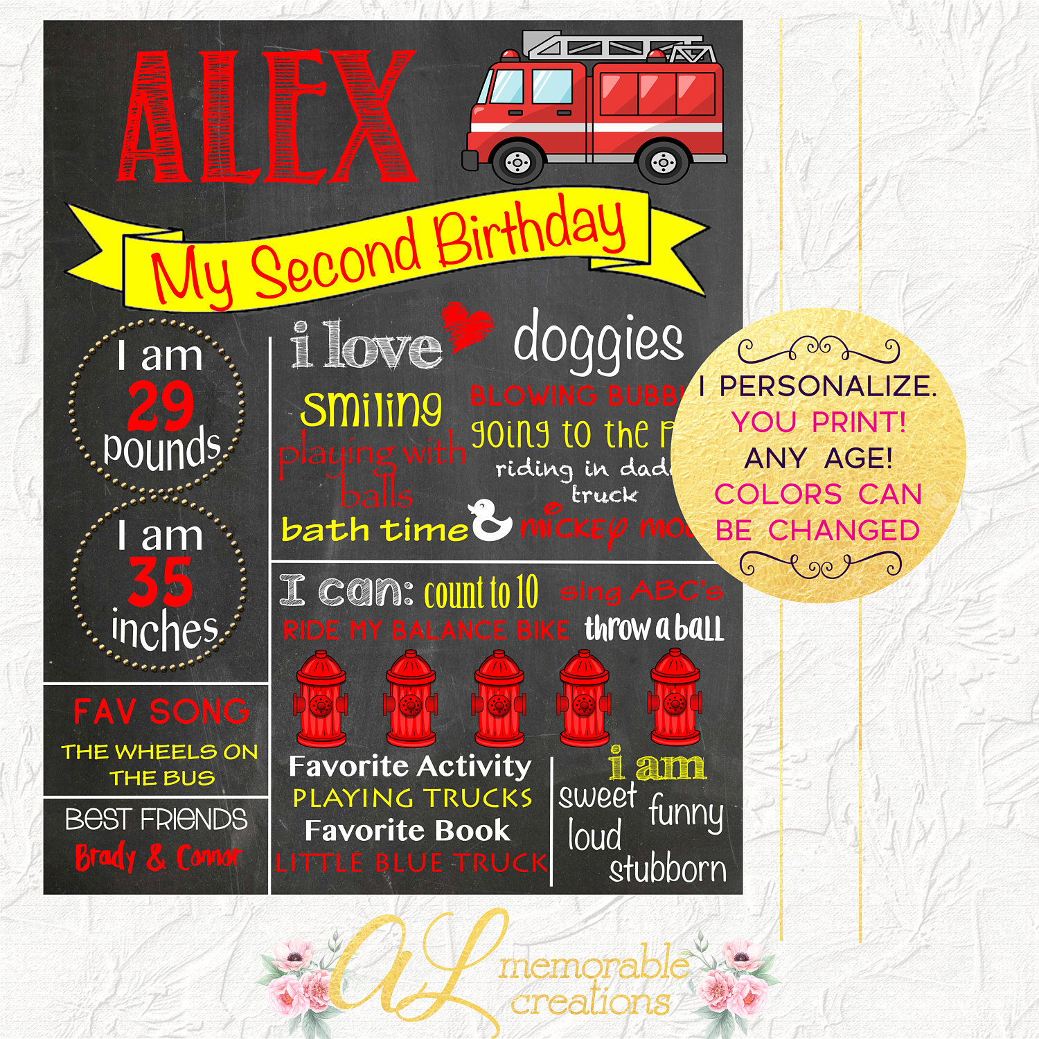 Fire Truck Birthday Chalkboard, Boy Birthday Chalkboard, 2nd Birthday ...