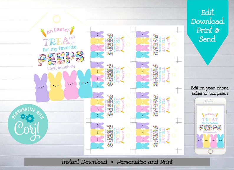 Peeps Easter Printable Tags, Edit Yourself Easter Tags, Instant ...
