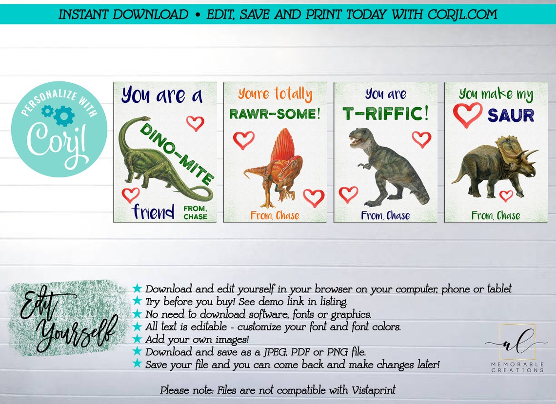 Dinosaur Valentine Printable Cards Editable Dinosaur - Etsy