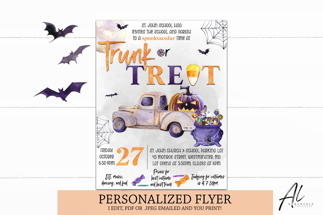 Personalized Trunk or Treat Flyer, School Halloween Event, Trunk or ...