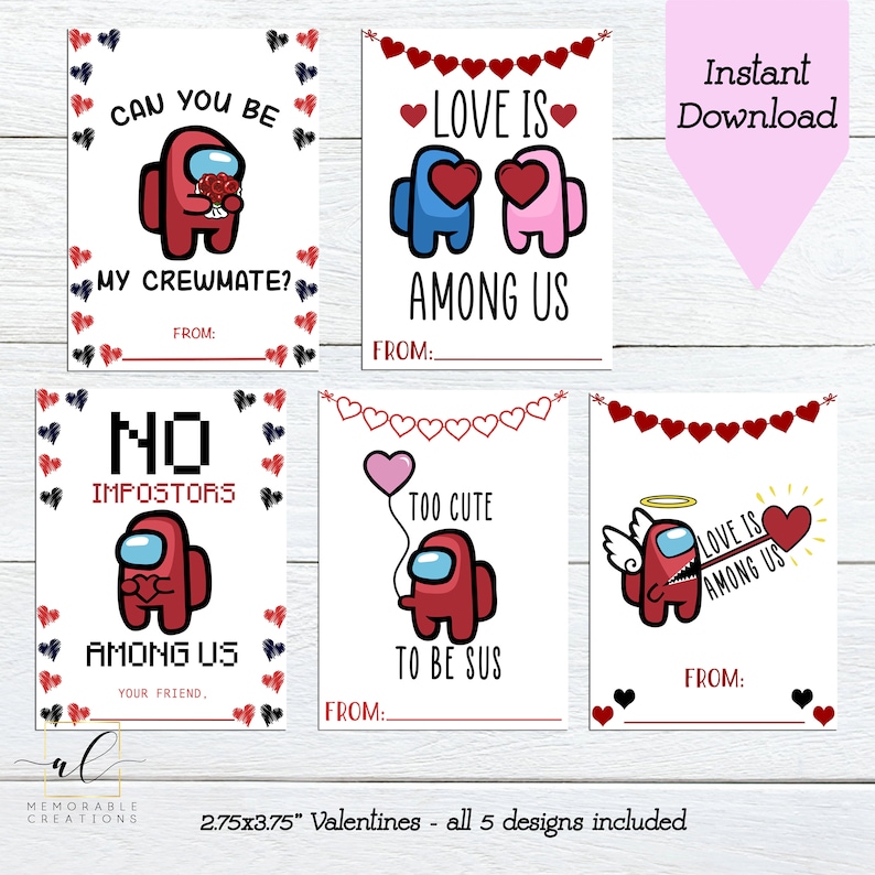 Among Us Valentine Cards, Kids Valentine Cards, Printable Valentines ...