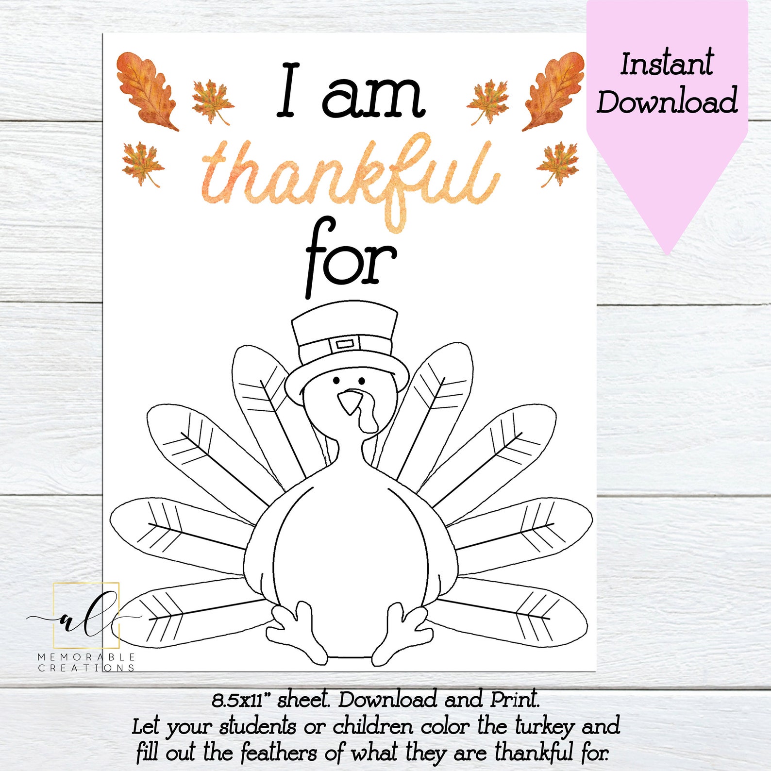 I Am Thankful for Turkey Printable Kids Thanksgiving - Etsy