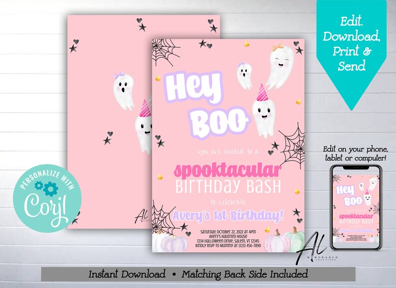 Ghost Birthday Printable Invitation Editable Pink Ghost - Etsy