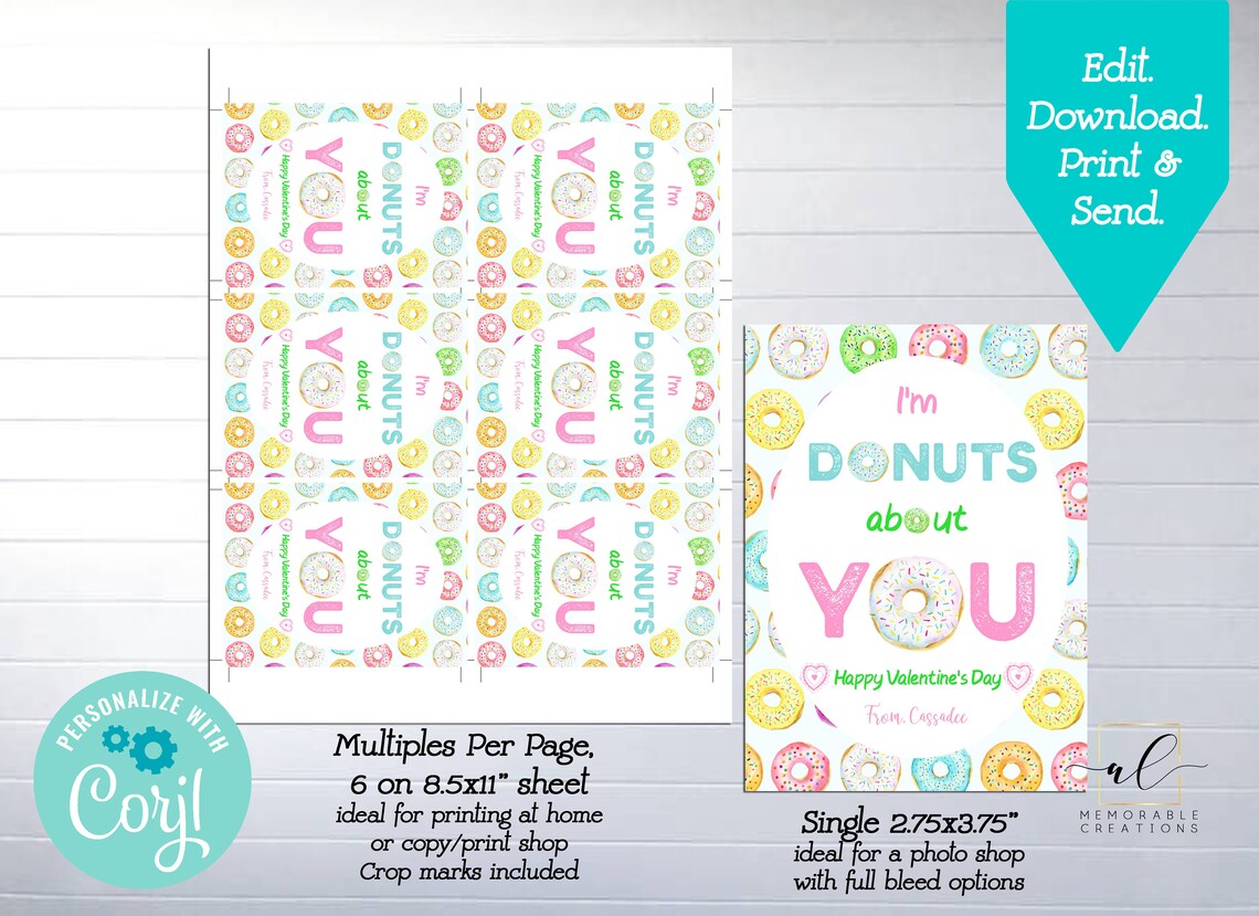 Donut Valentine Printable Cards, Editable Donut Valentines, Instant ...