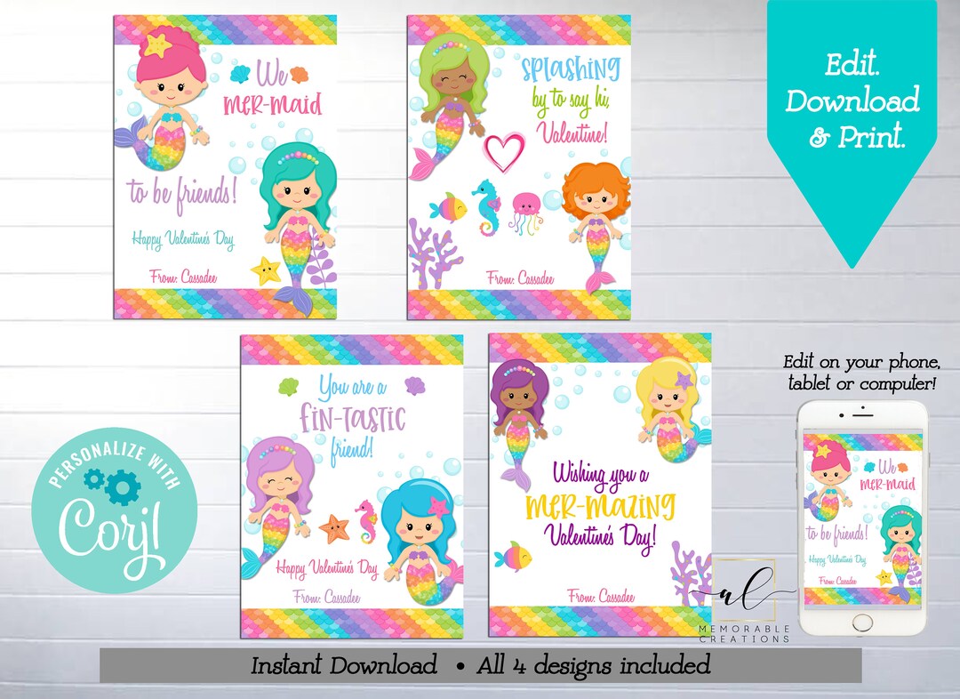 Mermaid Valentine Printable Cards, Editable Mermaid Valentines, Instant ...