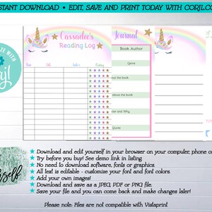 Editable Unicorn Reading Log, Edit Yourself Unicorn Reading Journal ...