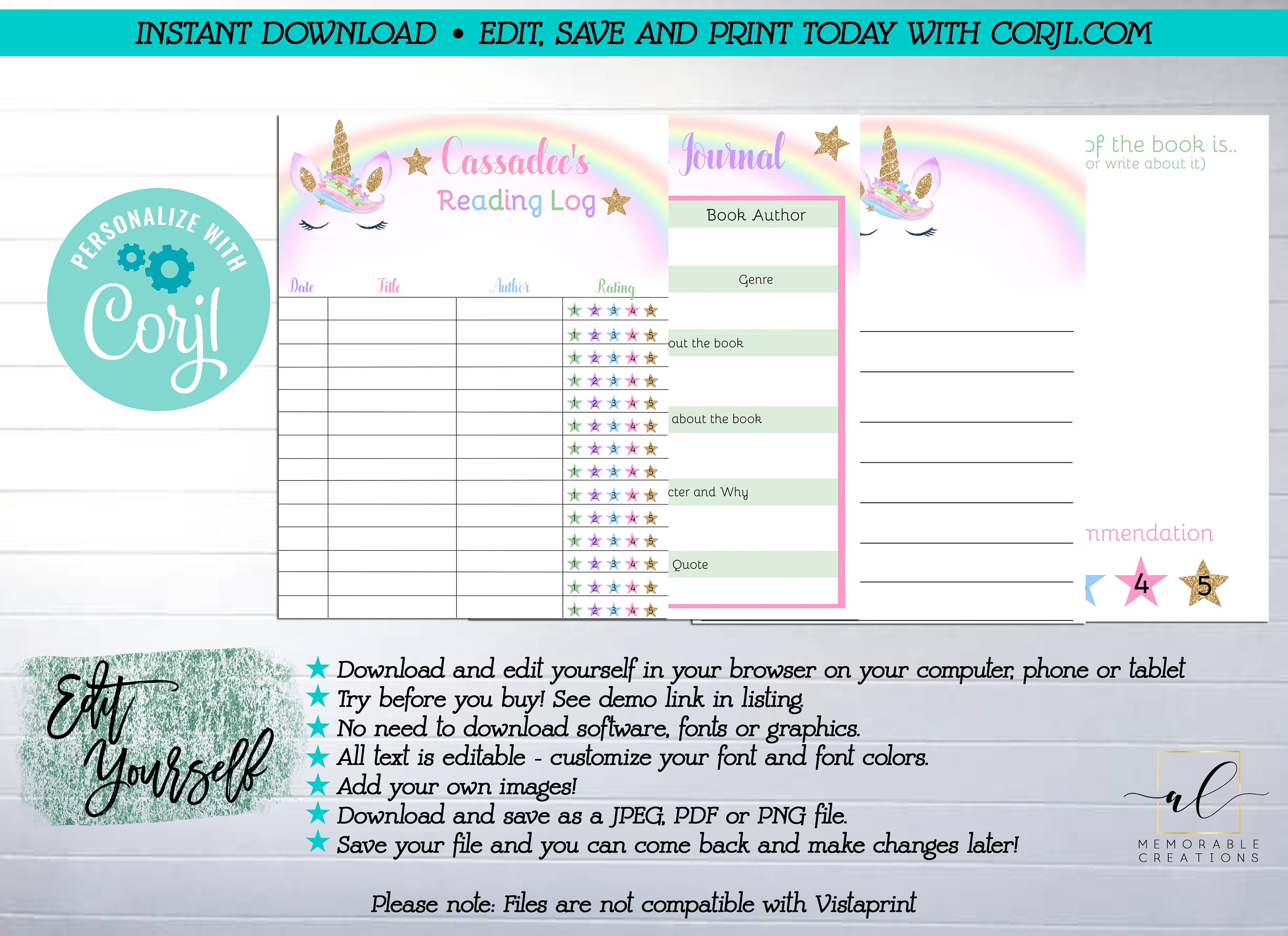 Editable Unicorn Reading Log Edit Yourself Unicorn Reading | Etsy