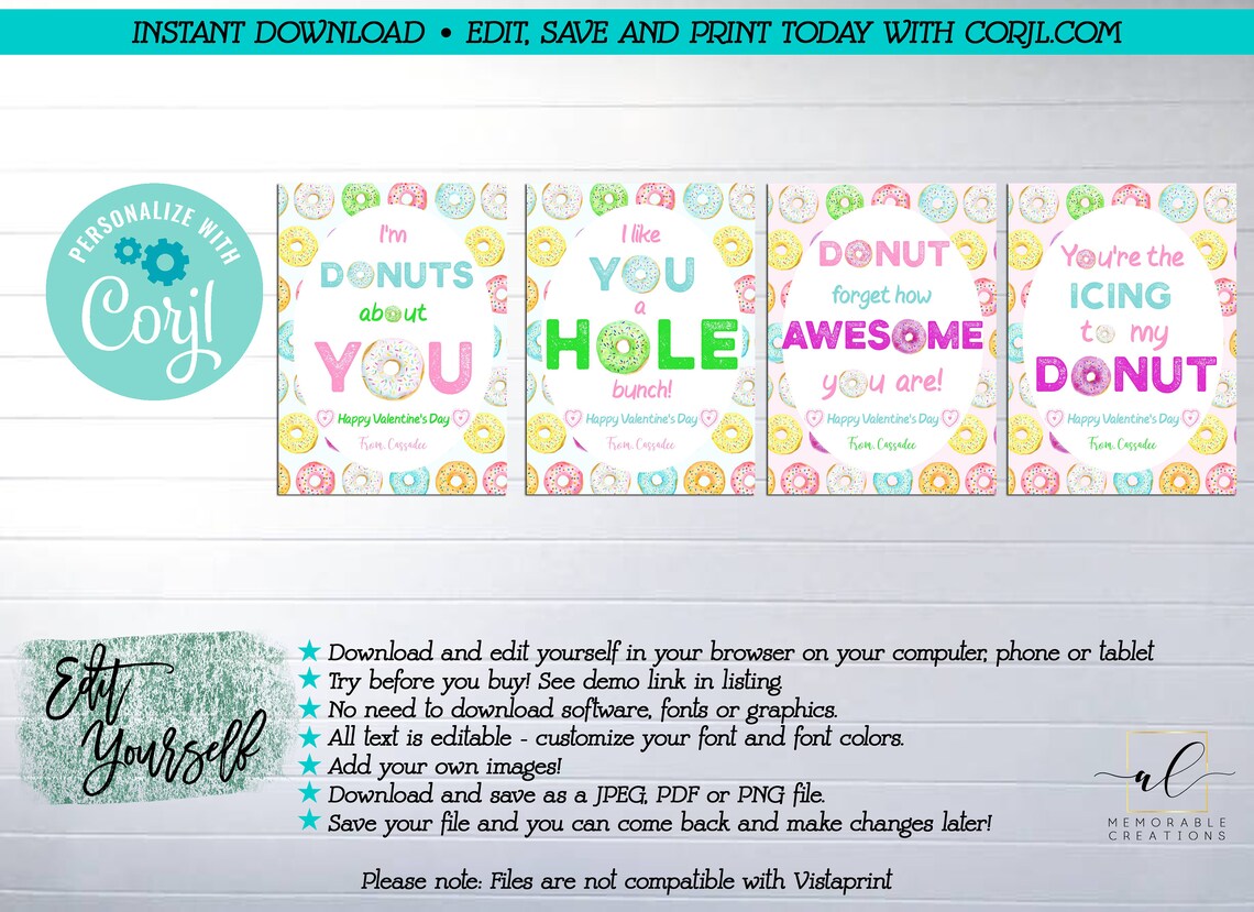 Donut Valentine Printable Cards, Editable Donut Valentines, Instant ...
