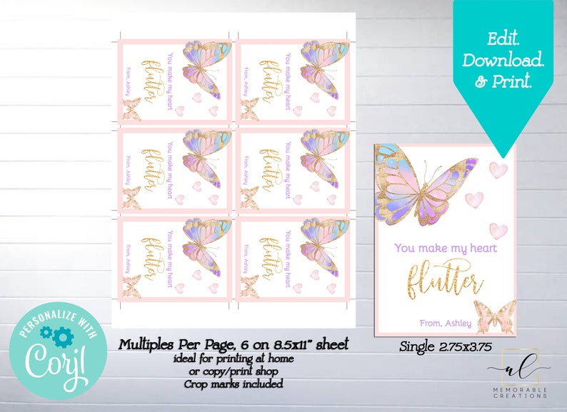 Butterfly Valentine Printable Cards Editable Butterfly - Etsy