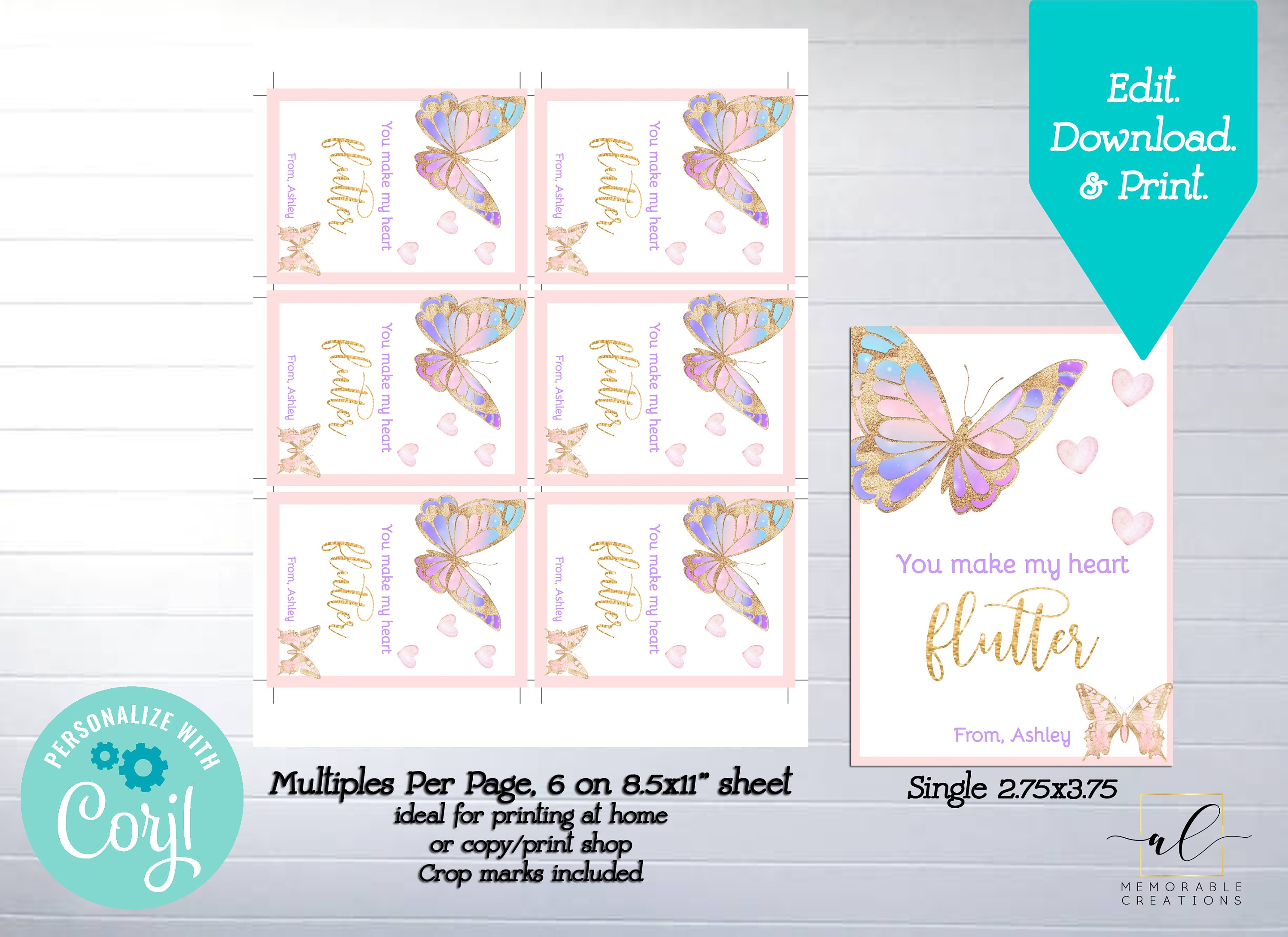 Butterfly Valentine Printable Cards Editable Butterfly - Etsy