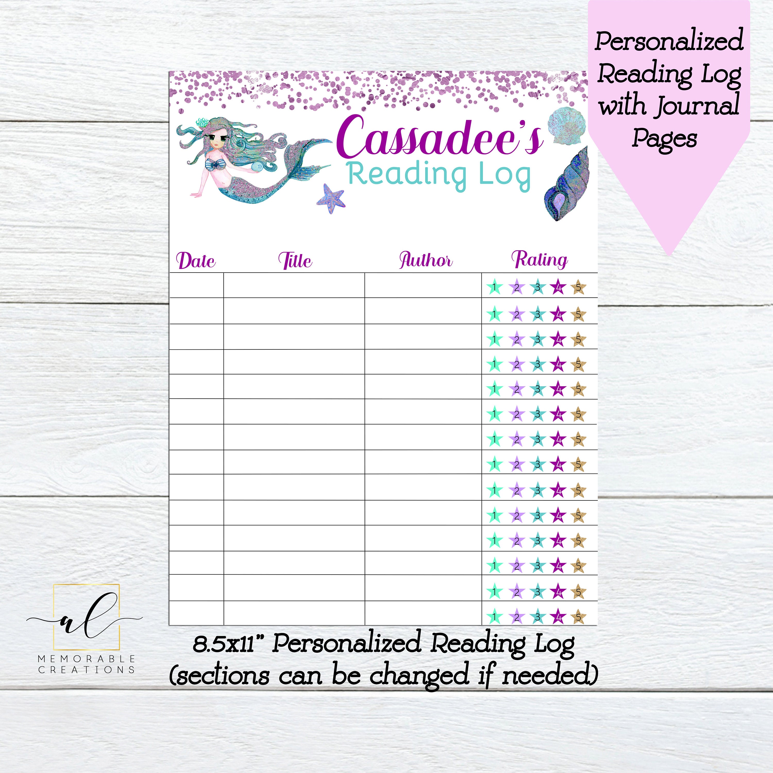 Personalized Mermaid Reading Log, Mermaid Reading Journal, Reading Log ...