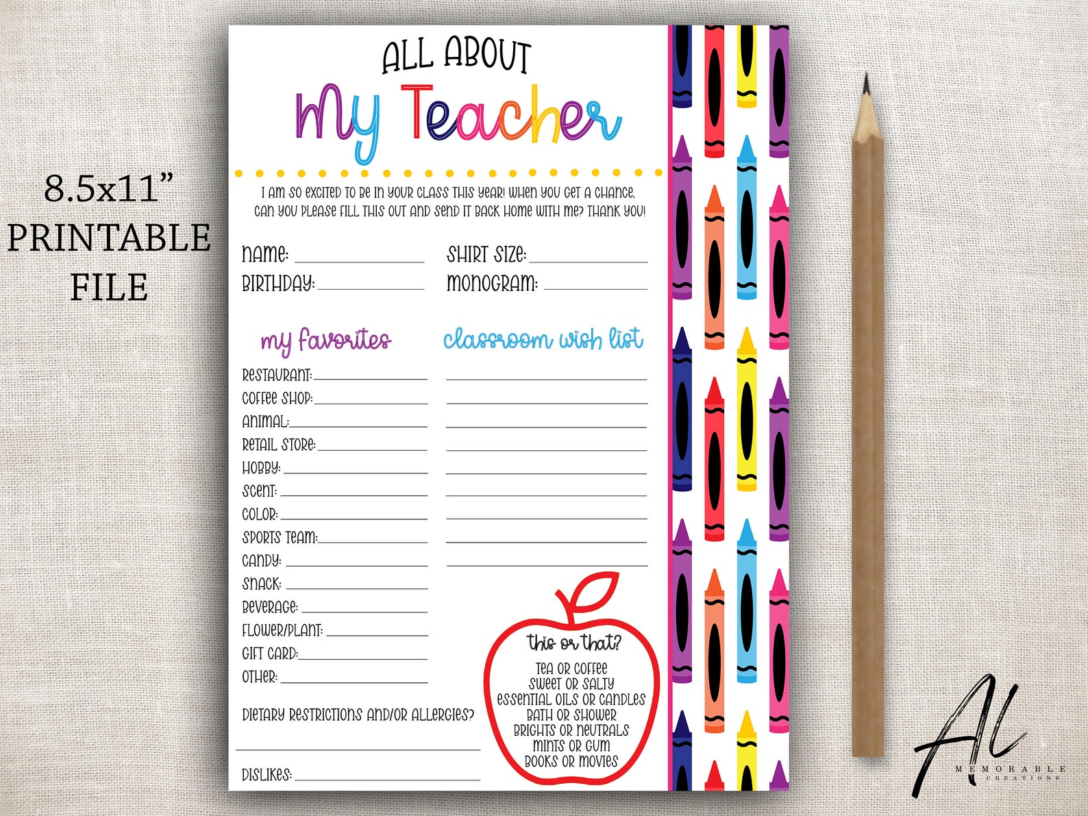 All About My Teacher Survey, Back to School Teacher Questionnaire ...