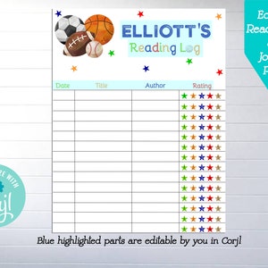 Editable Sports Reading Log, Edit Yourself Sports Reading Journal ...
