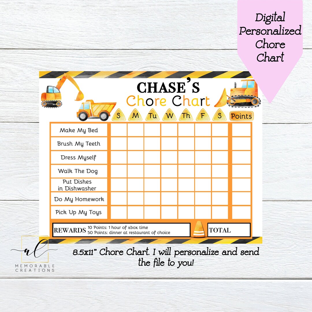 Personalized Construction Chore Chart, Bulldozer Reward Chart, Chore ...