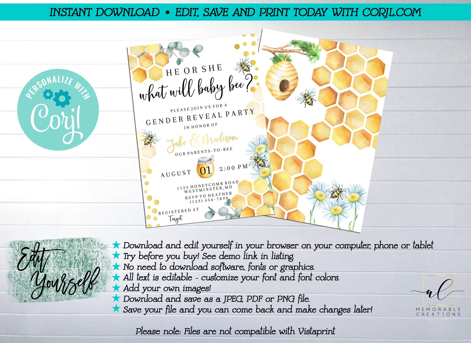 Honey Bee Gender Reveal Party Printable Invitation Edit - Etsy