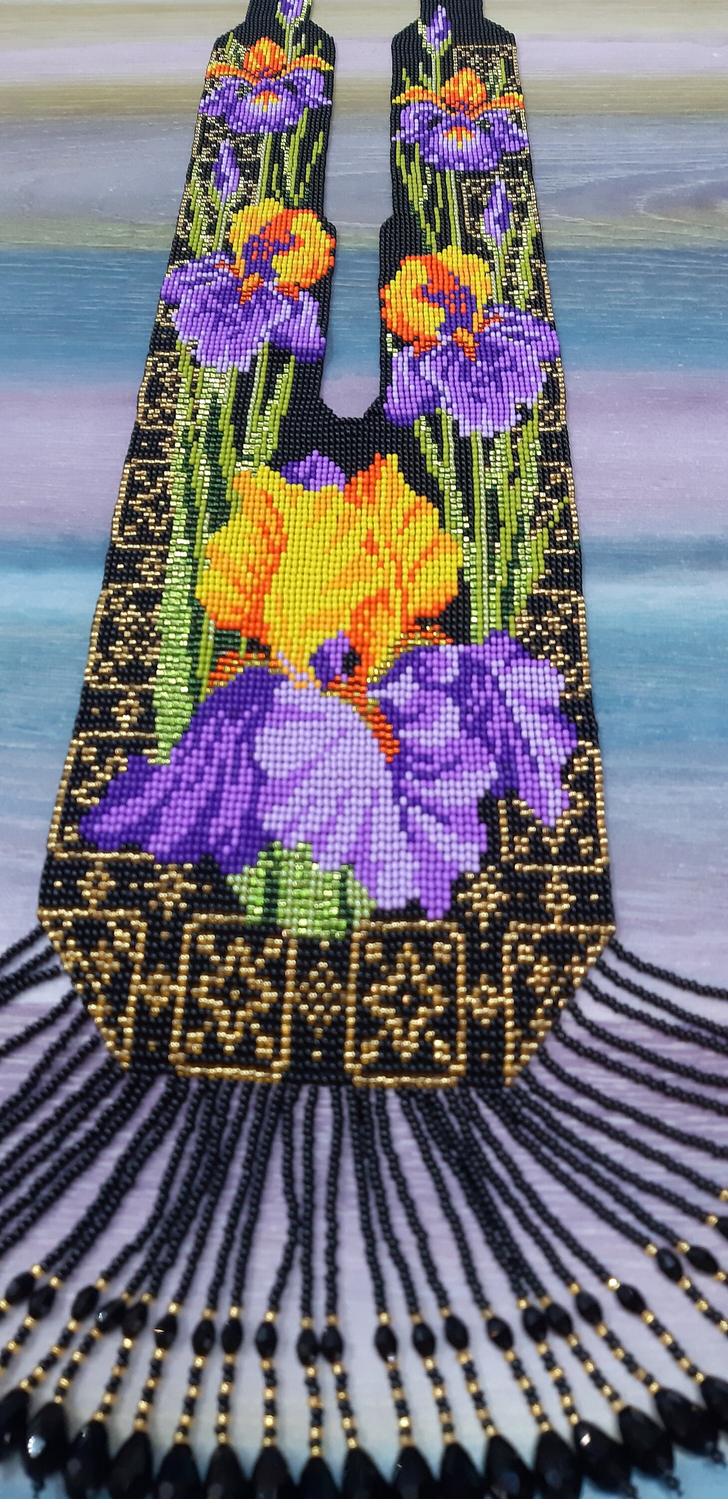 Gerdan With Iris. Gerdan With Flowers. Purple Beads. Long Beaded ...