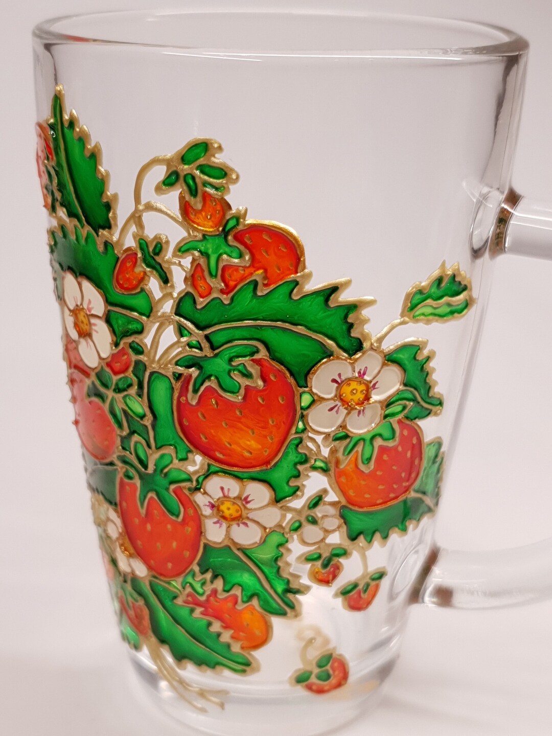 Strawberry Mug Strawberry Design Flower Mug Glass Tea Mug Painted Glass ...