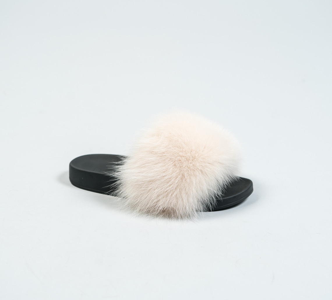 Real Fox Fur Slides, Cream Fluffy Slides, Rubber Fur Sandals, Real Fox ...