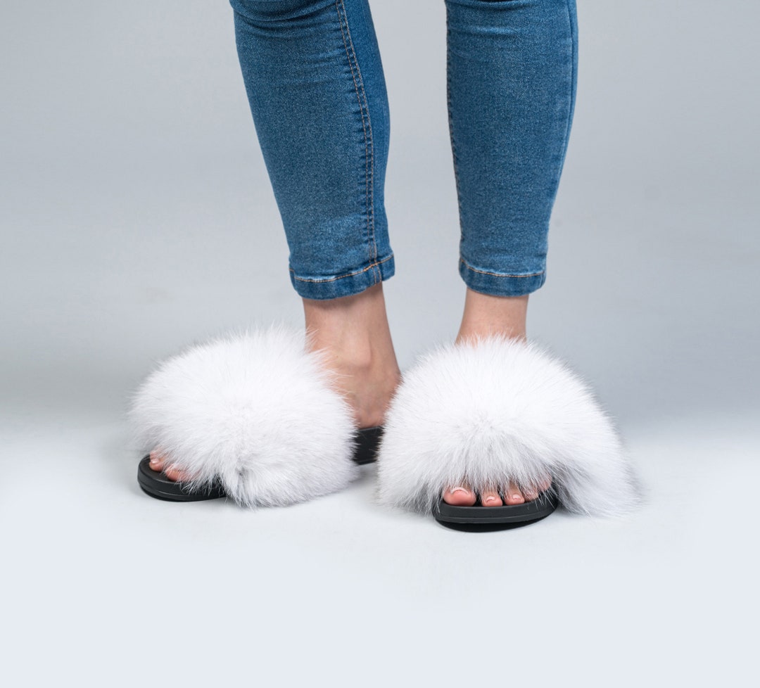 Real Fox Fur Slides: Fluffy Sandals With Rubber Sole - Etsy