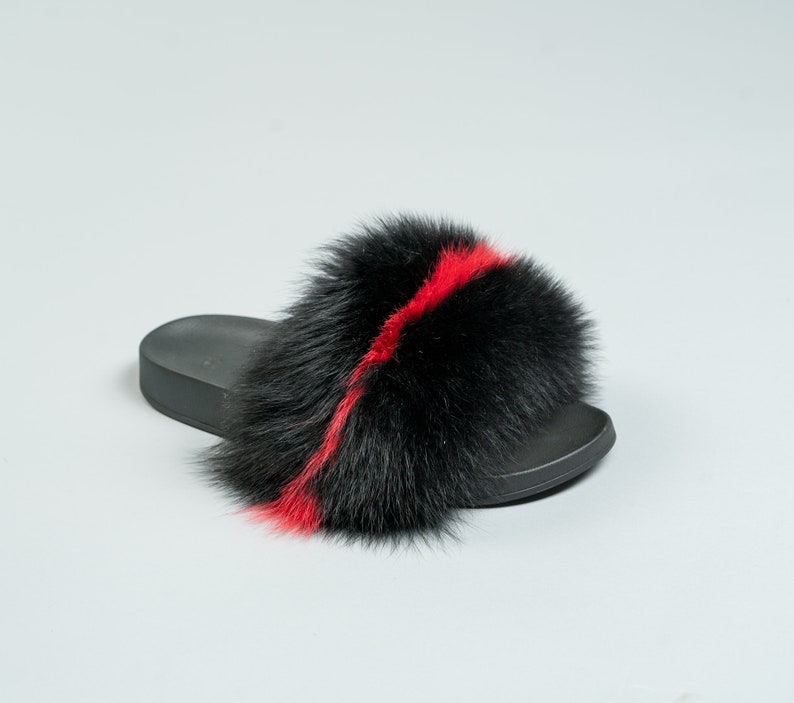 Black Fox Fur Slides With Red Stripe Black Fluffy Slides - Etsy