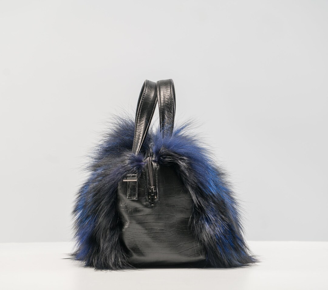 Blue and Black Fox Fur Bag, Real Fox Fur Handbag, Shoulder Bag,clutch ...