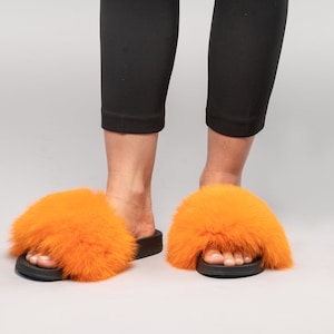 Orange Fox Fur Slides, Fluffy Slides, Rubber Fur Sandals, Real Fox ...