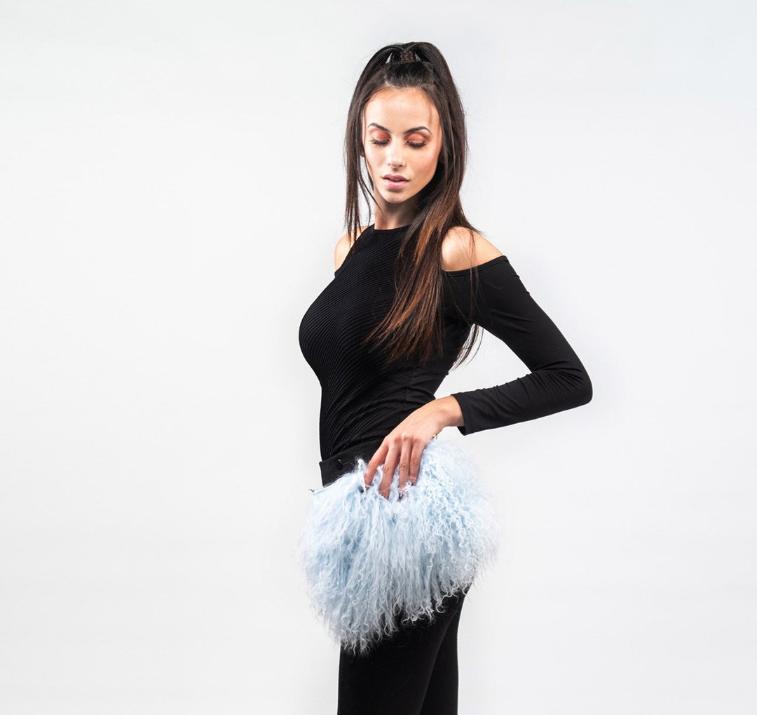 Light Blue Mongolian Fur Bag, Real Fox Fur Handbag, Shoulder Bag,clutch ...
