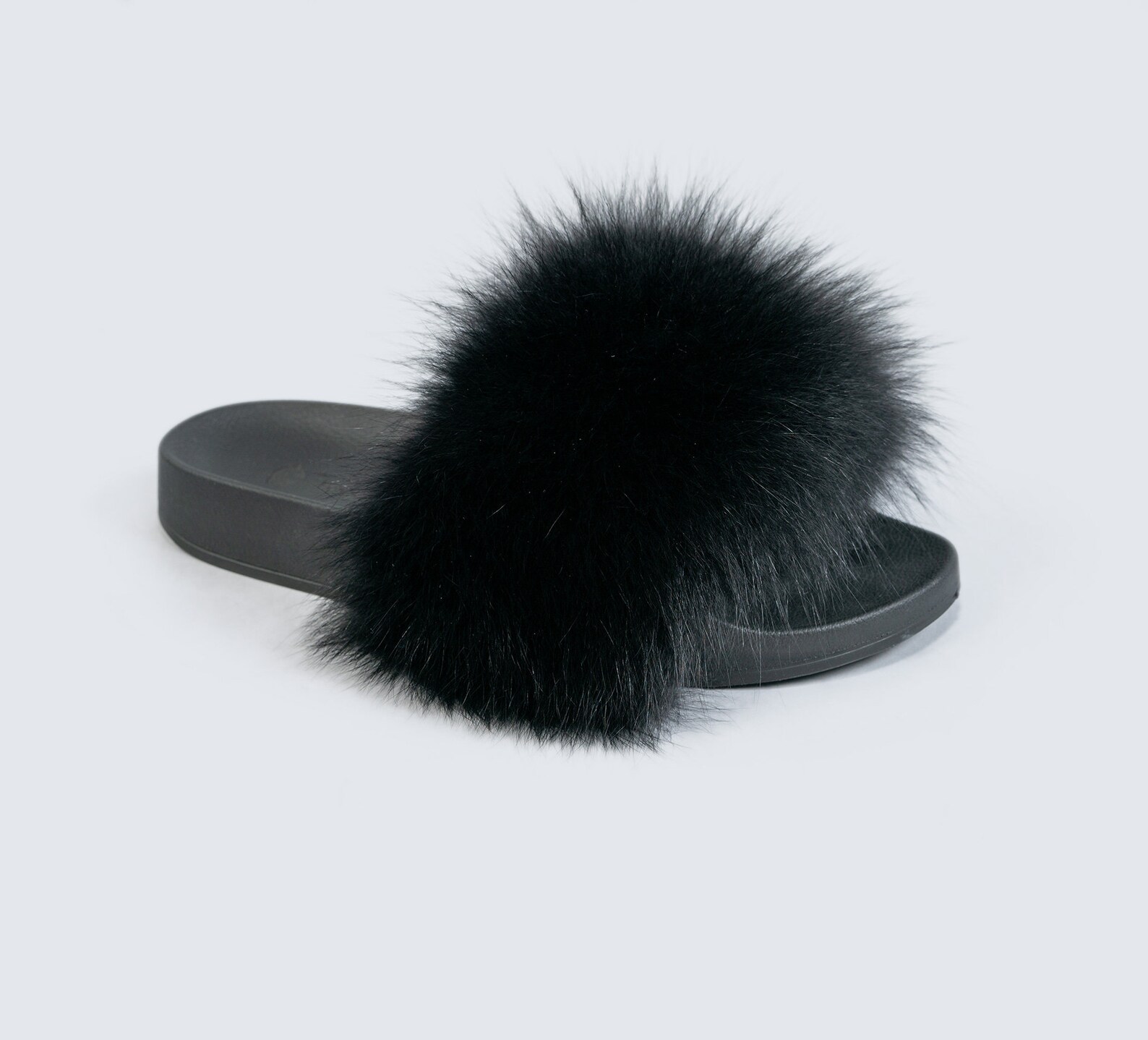 Real Fox Fur Slides Black Fluffy Slides Rubber Fur Sandals - Etsy