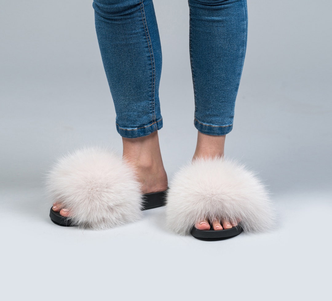 Champagne Fox Fur Slides: Fluffy Rubber Sandals - Etsy