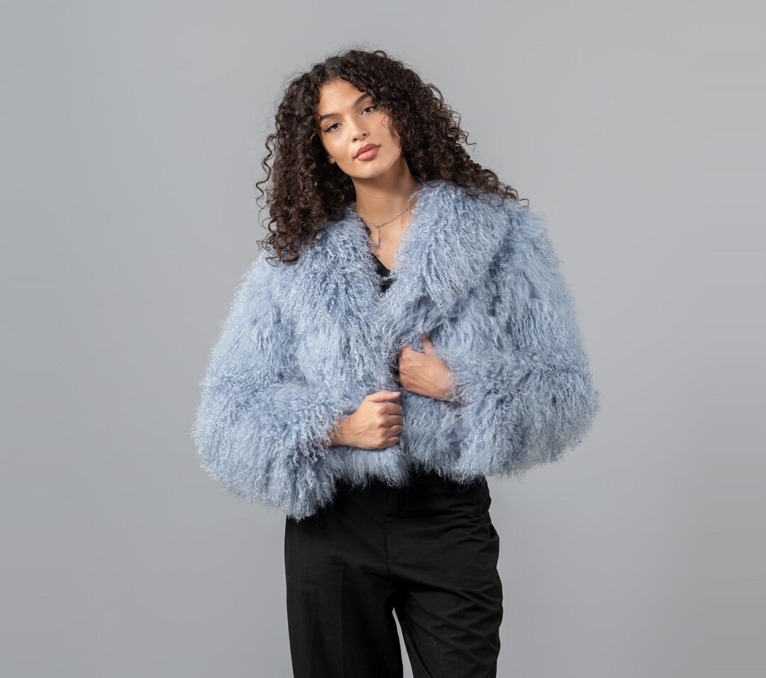 Sky Blue Short Mongolian Fur Jacket, Mongolian Lamb, Jacket, Mongolian ...