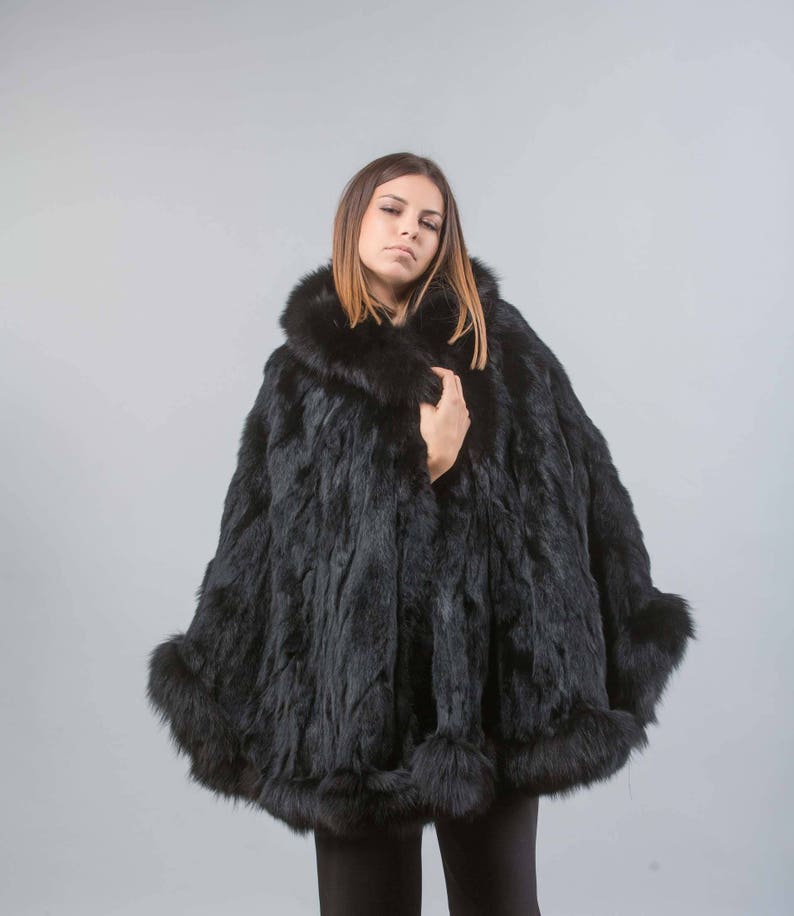 Black Rabbit Fur Capefox Trim Short Style With Hood Cape - Etsy
