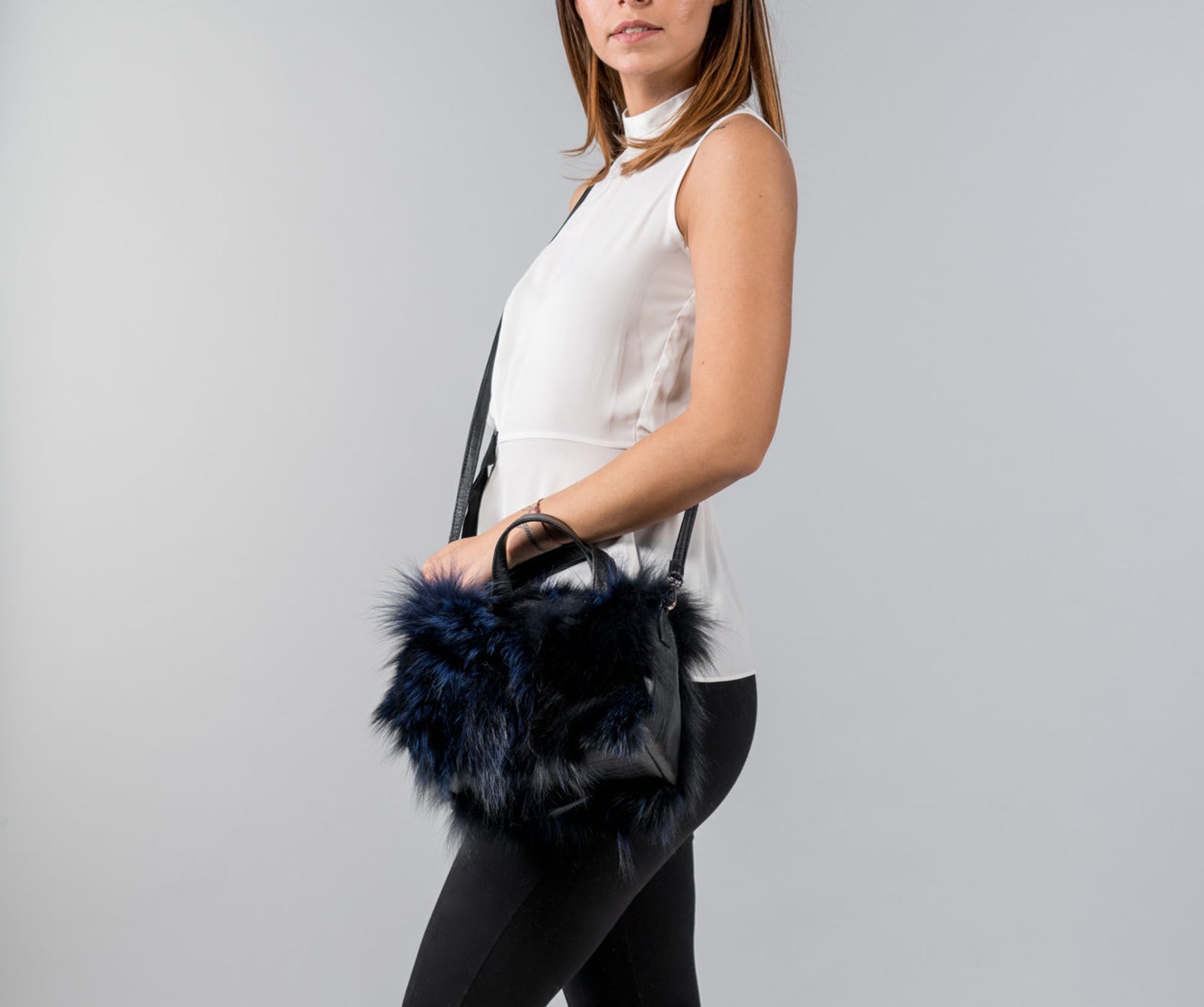 Blue and Black Fox Fur Bag Real Fox Fur Handbag Shoulder - Etsy