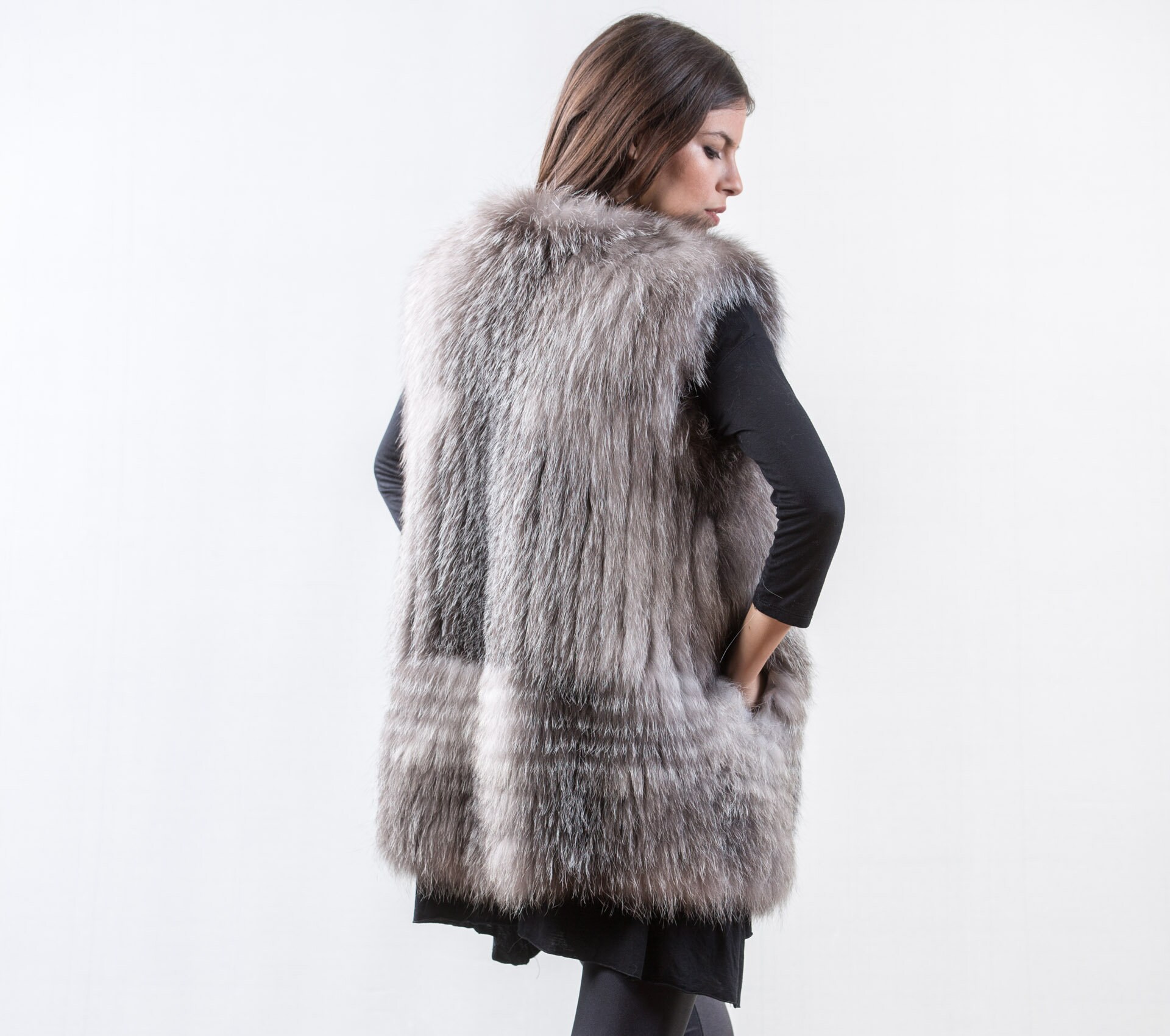 Silver Fox Fur Vest Short Style With Pockets Jacket Real - Etsy