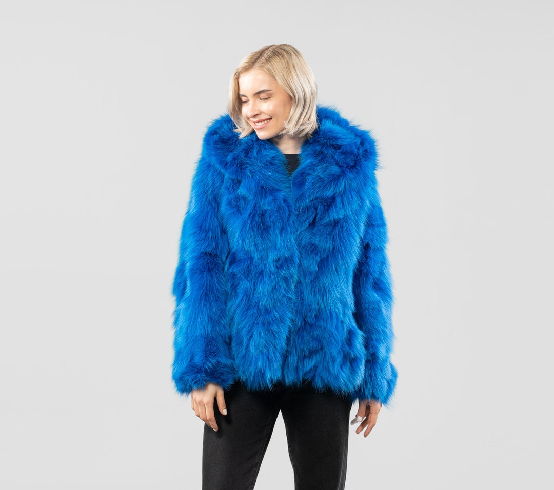 Electric Blue Fox Fur Jacket With Hood, Real Fur, Fox Jacket, Fur ...