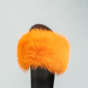 Orange Fox Fur Slides, Fluffy Slides, Rubber Fur Sandals, Real Fox ...
