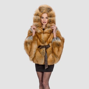 Hooded Fox Fur Jacket, Real Fur, Red Fox Jacket, Fur Coat, Fox Fur Cape ...