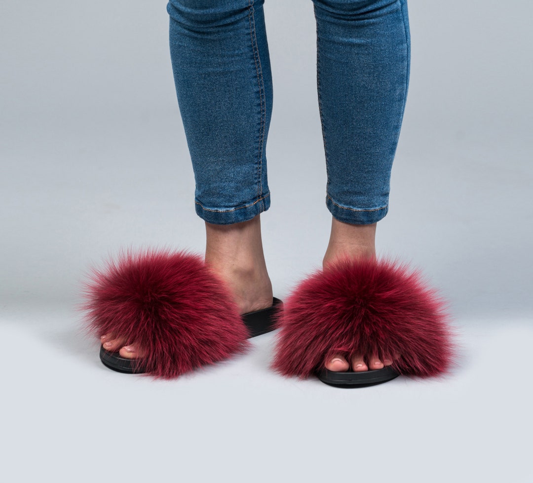Burgundy Fox Fur Slides, Fluffy Slides, Rubber Fur Sandals, Real Fox ...