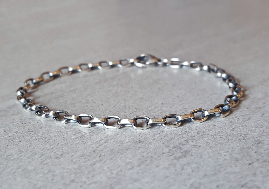 Sterling Silver Rolo Bracelet, Unisex 3.2mm Antiqued Oval Links - Etsy