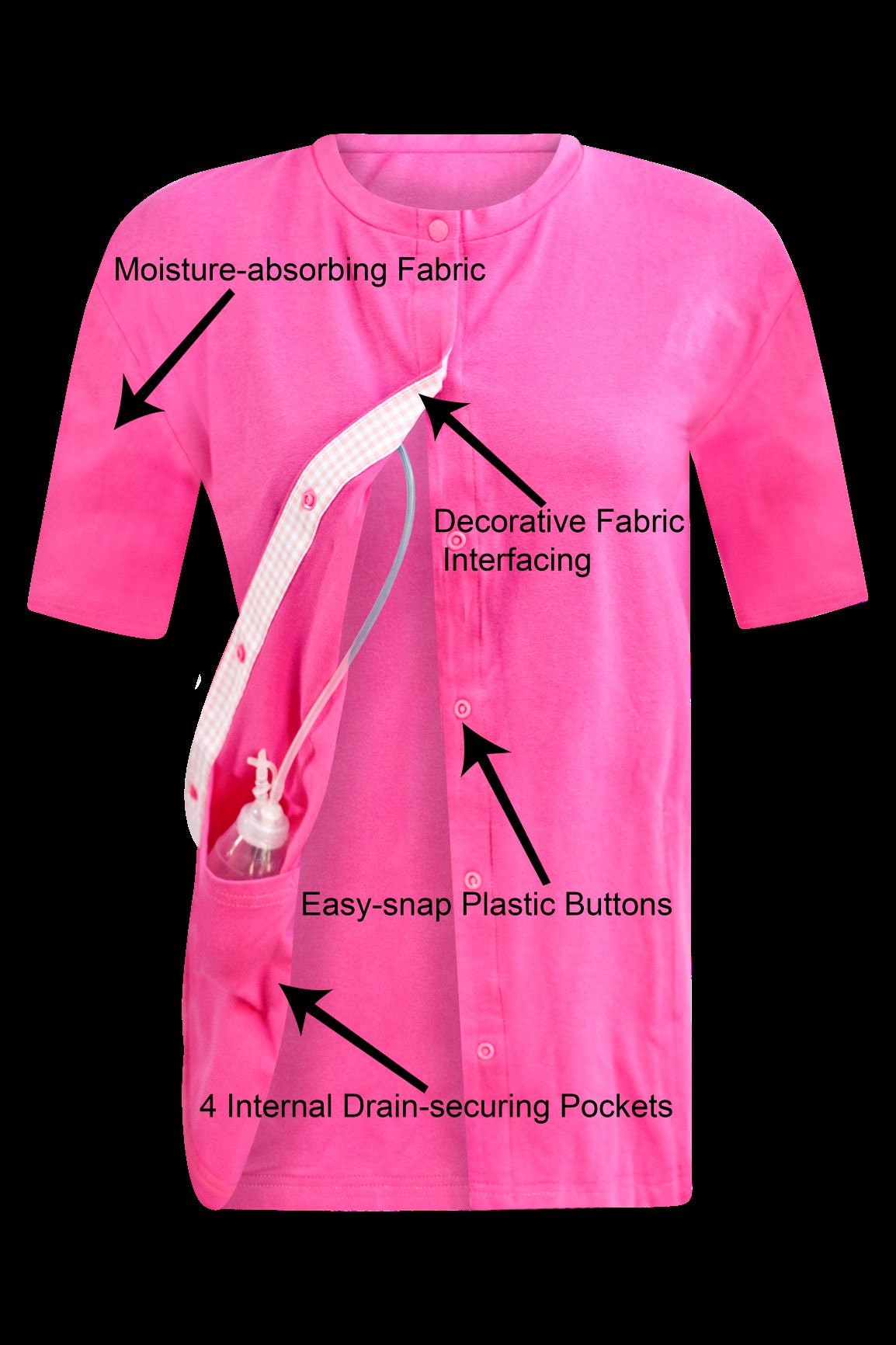 Pink Breast Cancer Mastectomy Shirt W/ 4 Drain Pockets, Mastectomy ...