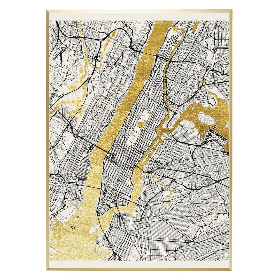 New York Map Screen Print | A1 Portrait | Gold Leaf | Limited Edition ...