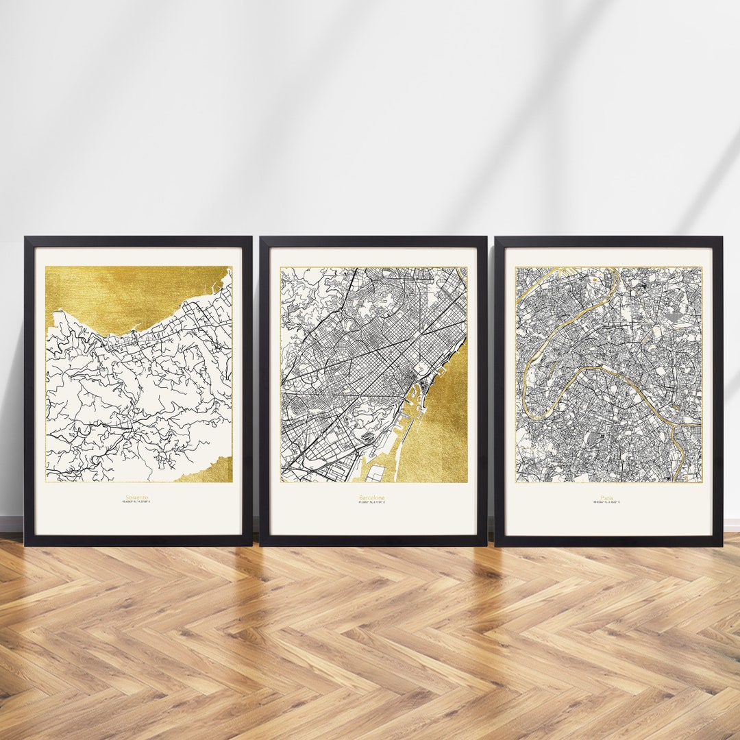 Mapa tríptico de múltiples ubicaciones / Impresiones de lámina de oro ...