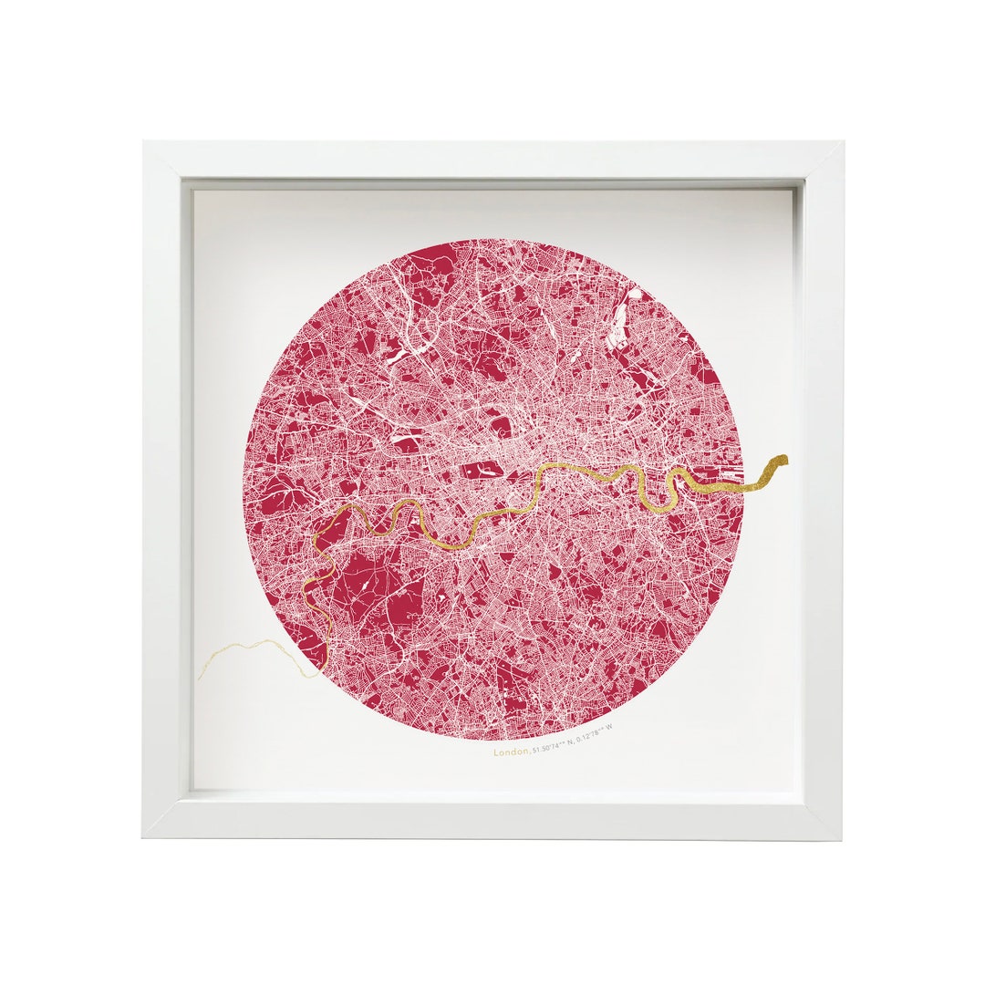 Mini London Circular Map | Box Frame | Pink | London Map | Wall Art ...